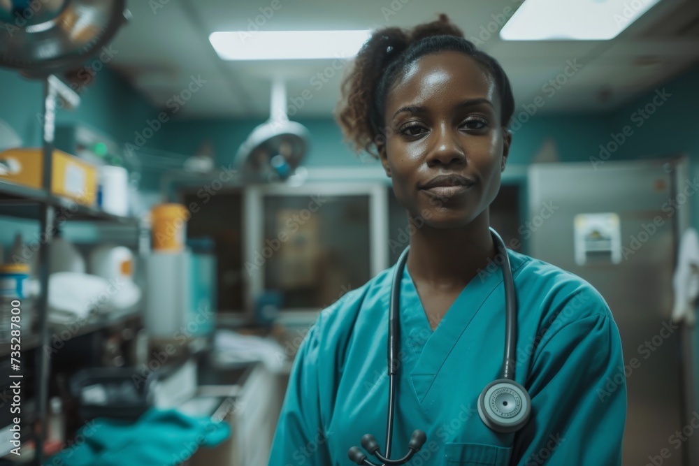 A determined woman in scrubs stands confidently against the stark white ...