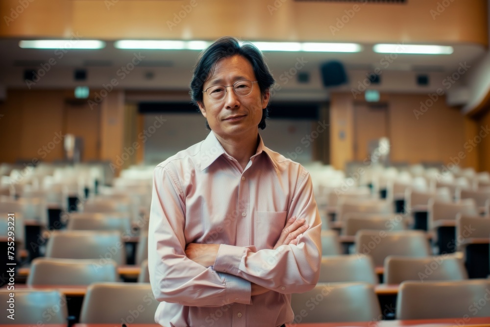 A stern man, dressed in formal attire, stands with his arms crossed in ...