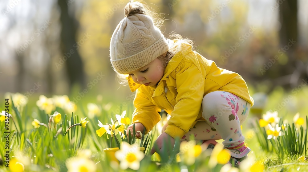 Generative AI : Toddler girl playing in daffodil flower field. Child ...