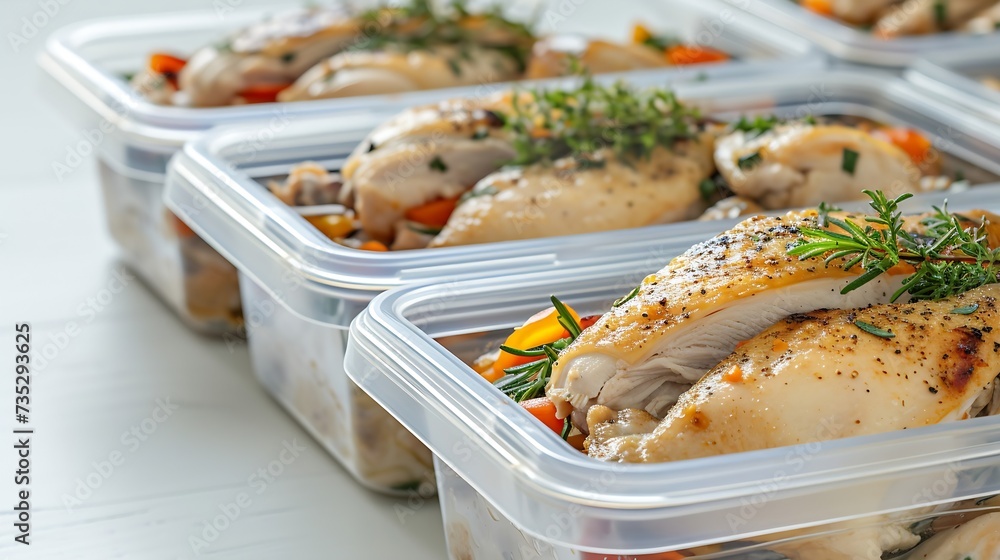 Generative AI : Meal prep. Stack of home cooked roast chicken dinners ...