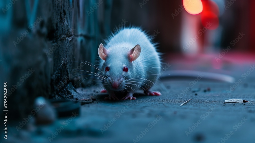 A lone white rat scurries across the cold concrete, a symbol of ...