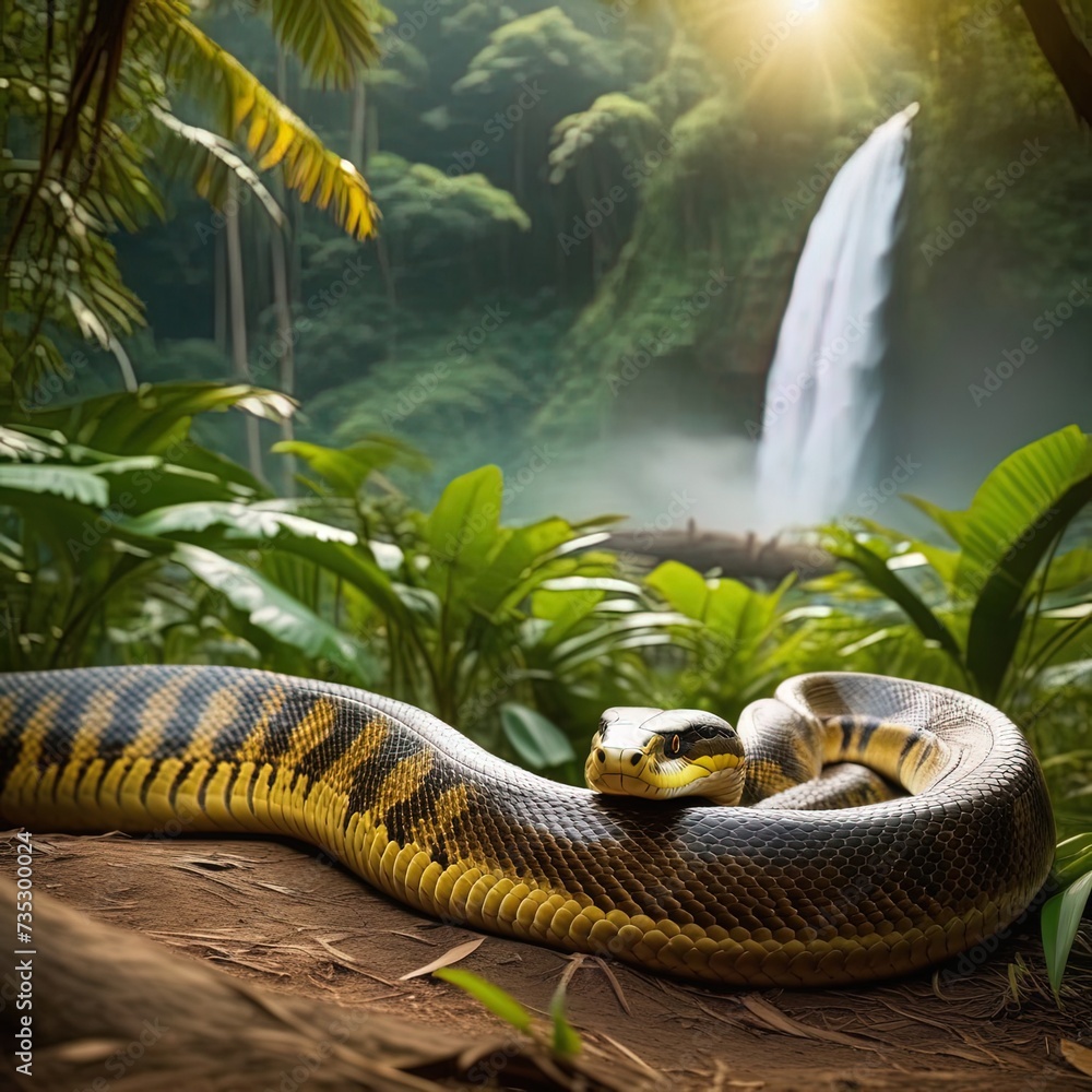 The closeup image of green anaconda (Eunectes murinus) . It is a boa ...