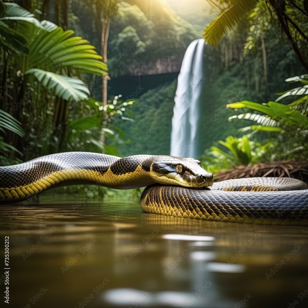 The closeup image of green anaconda (Eunectes murinus) . It is a boa ...