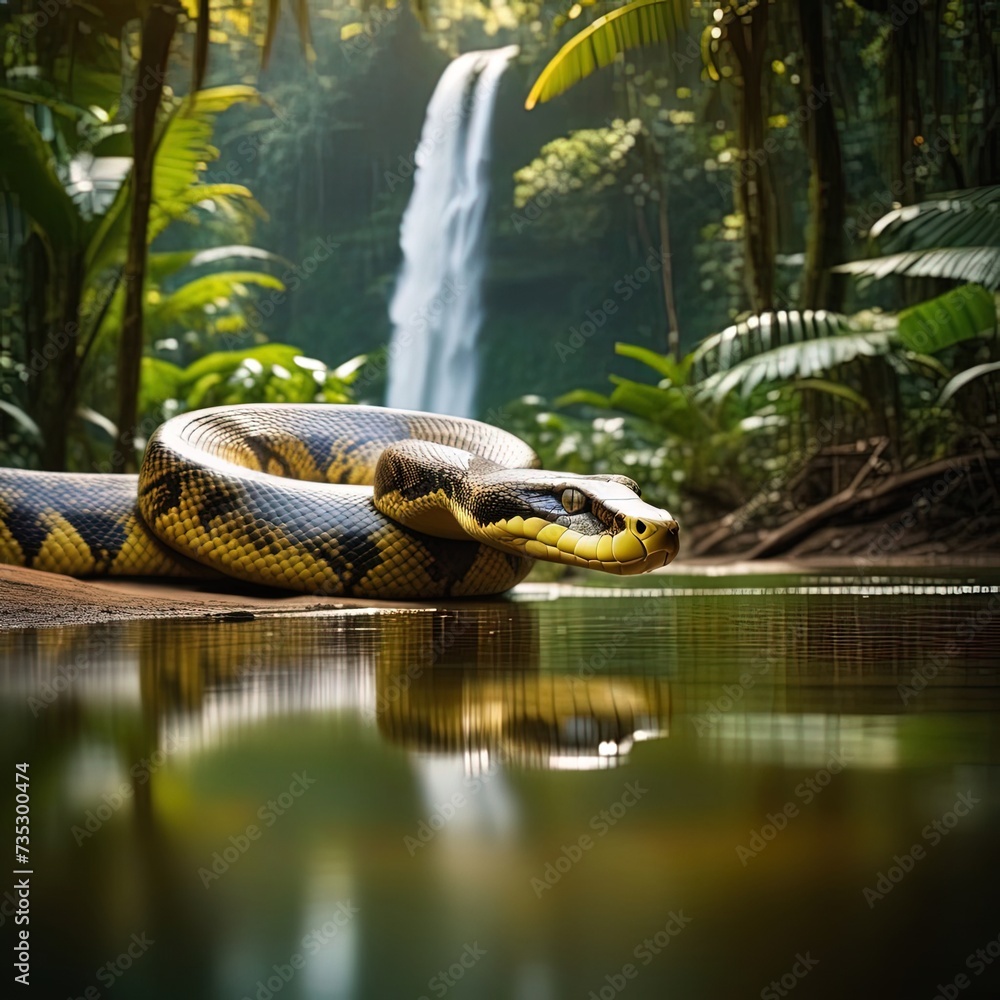 The closeup image of green anaconda (Eunectes murinus) . It is a boa ...