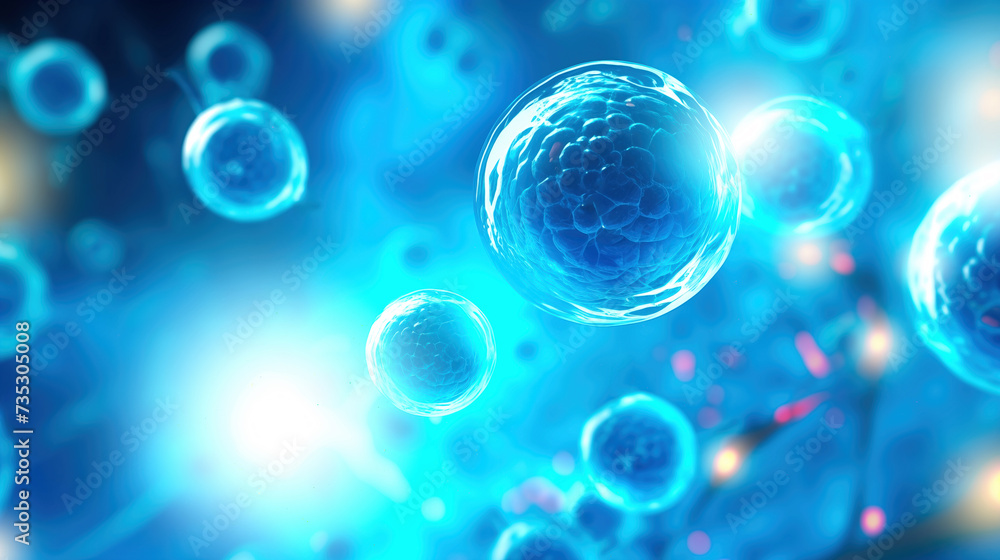 Blue molecules in body. Scientific background with cells. Molecules of ...