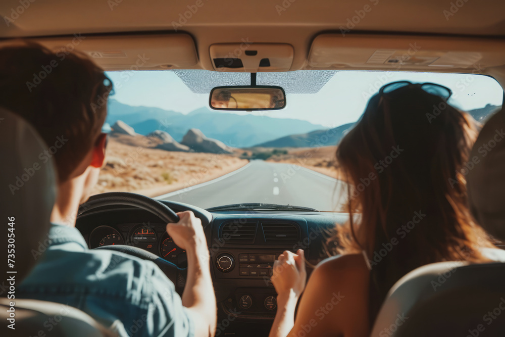 Couple driving car on country road with beautiful nature landscape ...