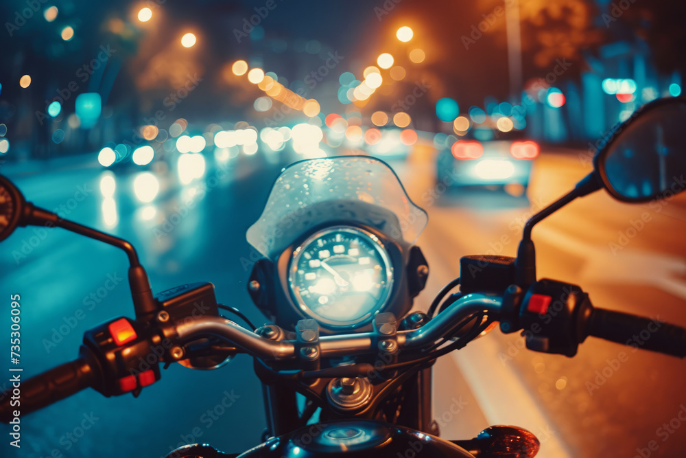 Cropped image of motorbike in the night, first point view. Stunning ...