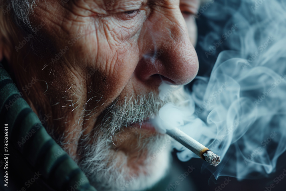 Close up old man smoking cigarette, Senior male smoker exhales ...