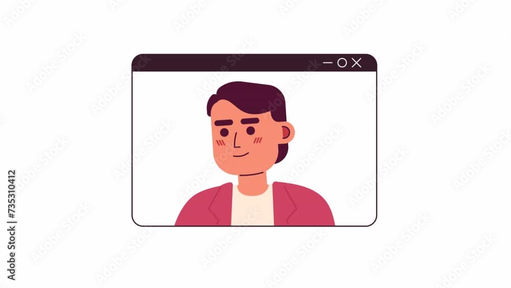 Video call caucasian young adult man 2D character animation. Webinar ...