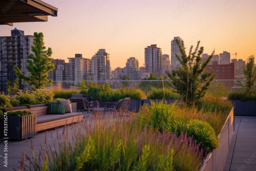 Luxurious rooftop garden terrace offers a peaceful retreat with modern ...