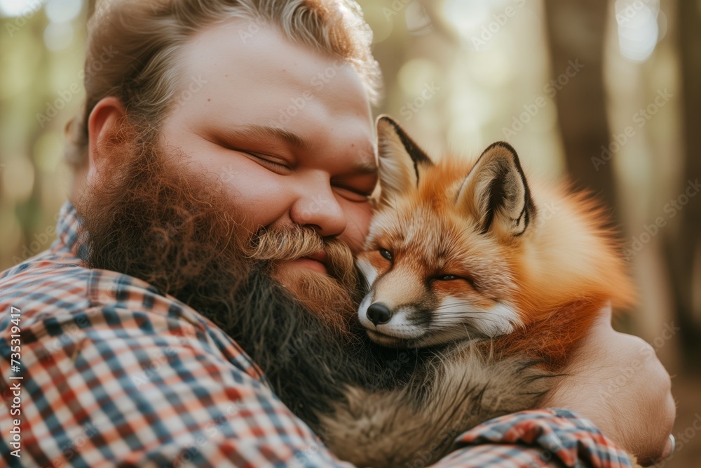 handsome obese bearded man gently hugs the little fox to him. people ...
