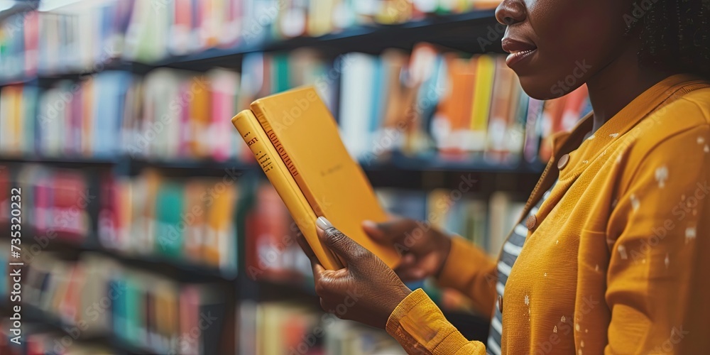 African American person pulling book from bookshelf at a bookstore or ...