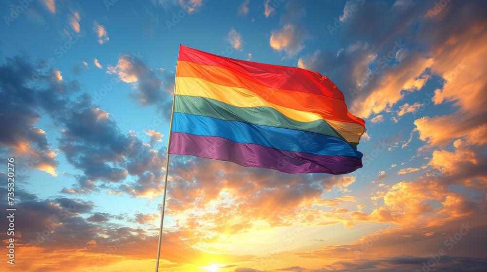 LGBT Pride rainbow flag on sunset sky. LGBT social movements and ...