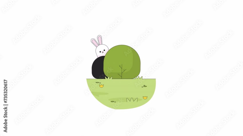 Fluffy white rabbit peeking out bushes line 2D character animation ...