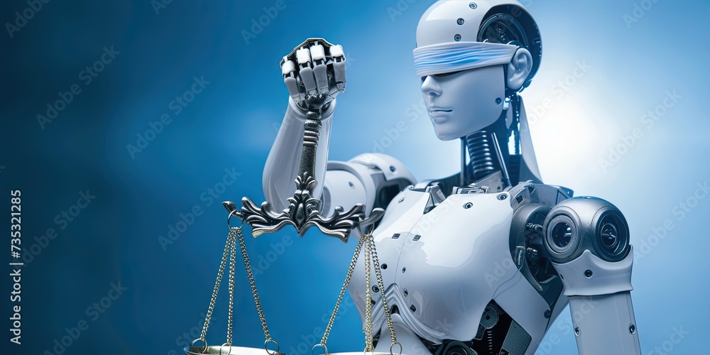 AI robot holding scales of justice for ethical artificial intelligence and machine learning ...