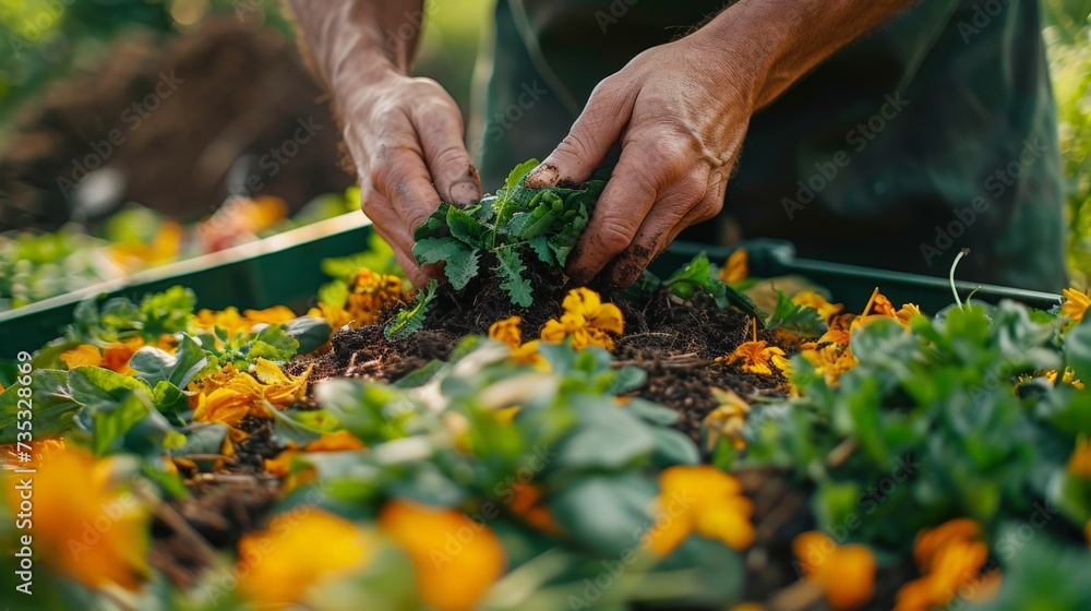 Nurturing Growth: Hands turning compost in a bin amidst blooming ...
