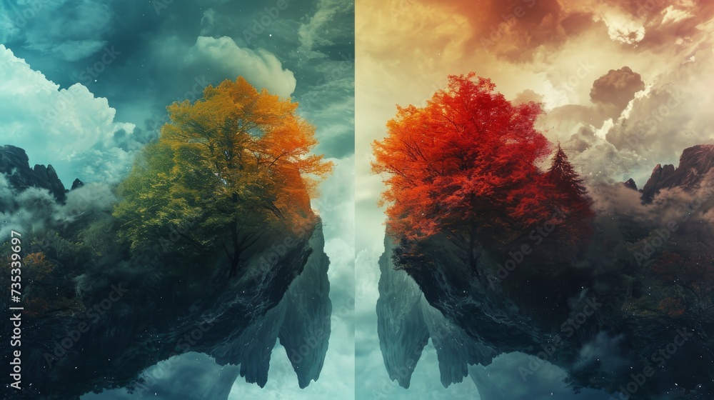 Trees above the abyss of a hanging rock on both sides Stock ...