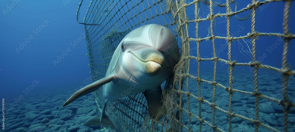 Underwater view of dolphin caught in fishing net illustrating impact of ...