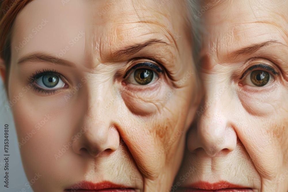 Changes in appearance during aging. Portrait of woman divided in half ...