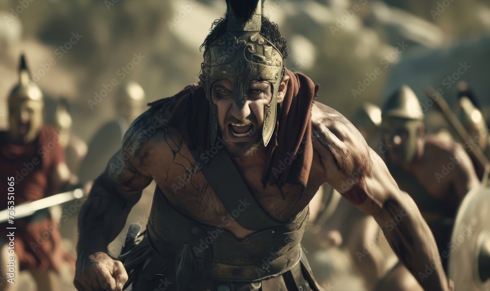 Fierce warrior in ancient armor charging forward with a spear against a ...