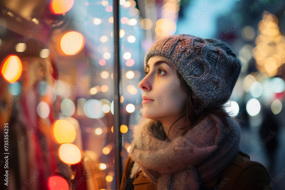 A woman gazes longingly at the frosted window, her face framed by a ...