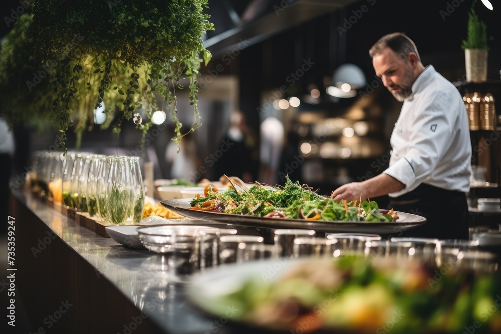 A bustling catering event, with chefs preparing exquisite dishes in an ...