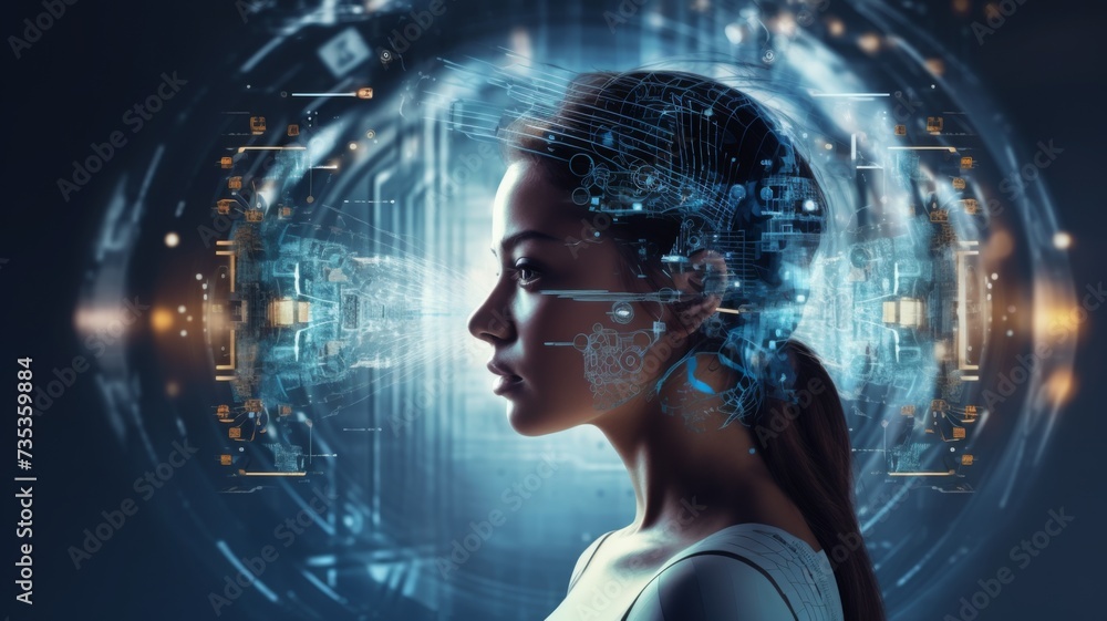 Side profile of a cyber woman with digital circuits and holographic ...