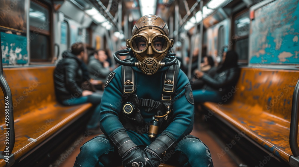 An individual wearing a gas mask sits alone in a subway train, creating ...