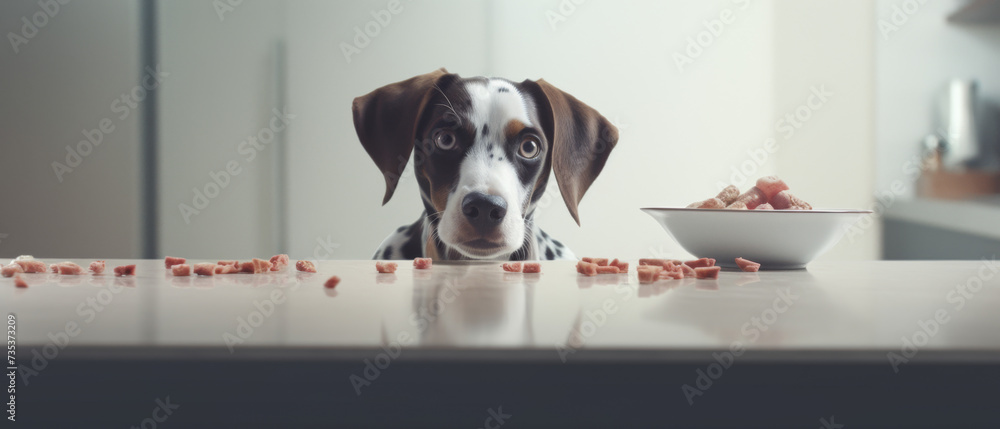 Dog peeking over the counter at scattered dog treats and a bowl of food ...
