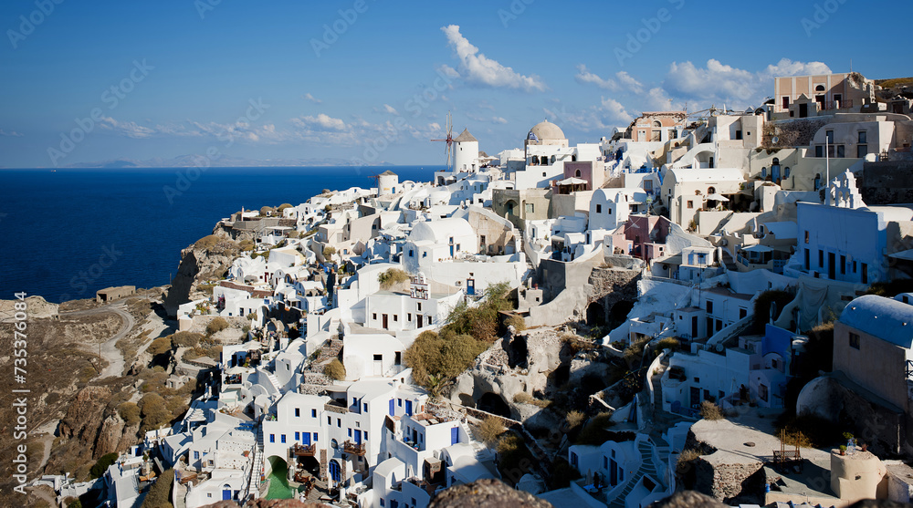Iconic Greek Landscape, a Cliffside with White Buildings and Blue Domes ...