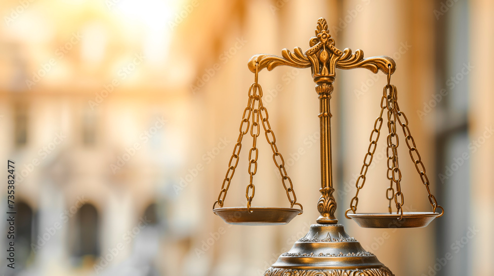 Fairness scales of justice with a court house building in background ...