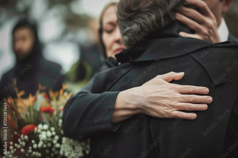 Funeral, People care for grief, mourning or depressed mother at burial ...