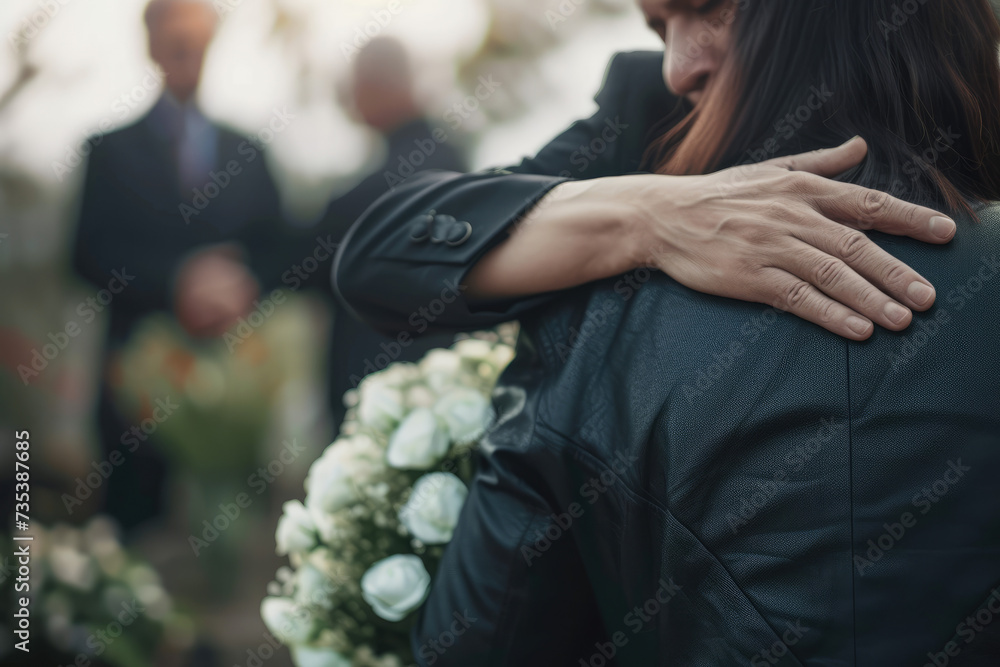 Funeral, People care for grief, mourning or depressed mother at burial ...