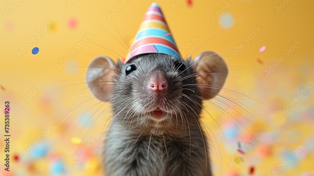 a gray rat wearing a party hat with confetti on it's head and a party ...