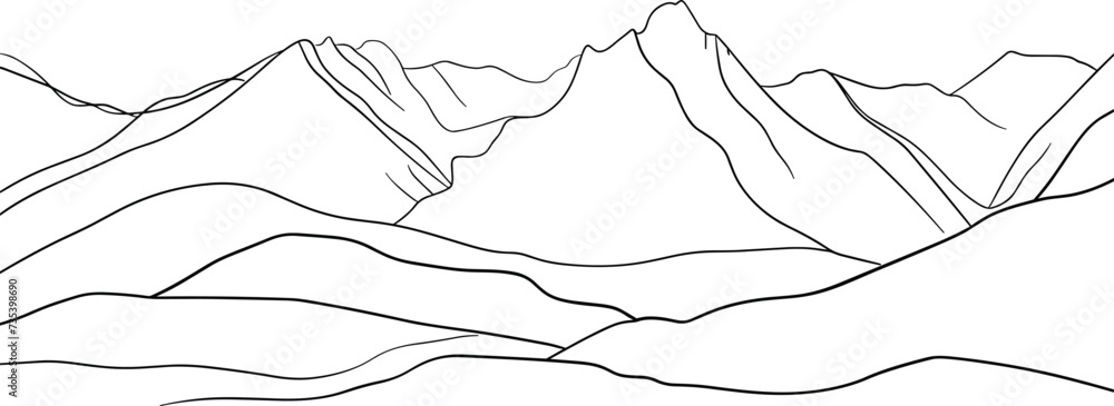 Mountains landscape view line art, mountain range illustration, scenic ...