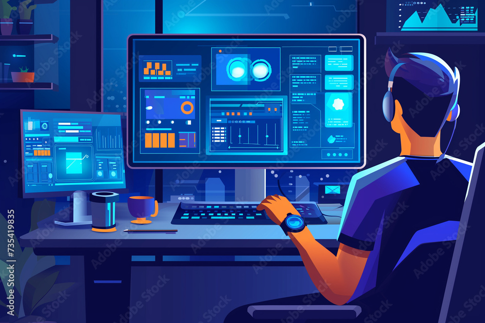 Tech-savvy person seated in a chair and working on computer device ...