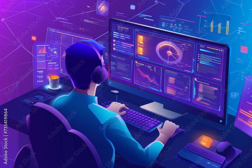 Tech-savvy person seated in a chair and working on computer device ...