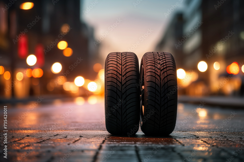 Car tires on the street at night. The concept of car and transportation ...