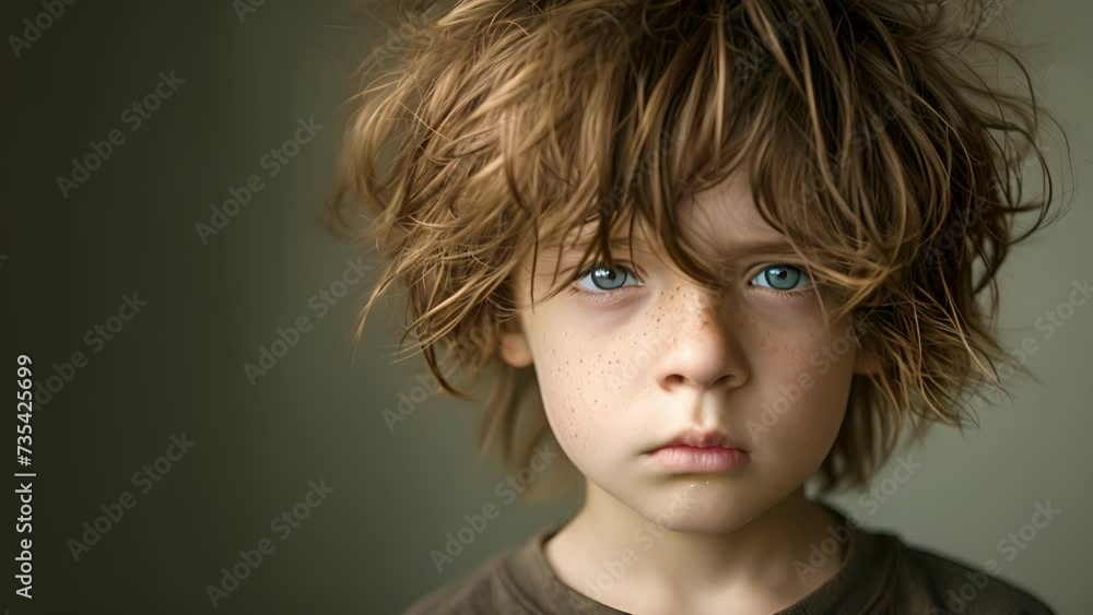 A portrait of a young boy with a blank expression and uncombed hair ...