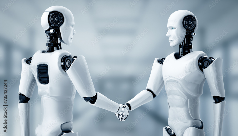 XAI 3d illustration humanoid robot handshake to collaborate future ...