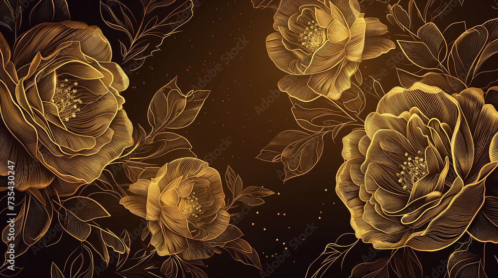 Luxury gold floral background. Roses and peonies flower line art ...
