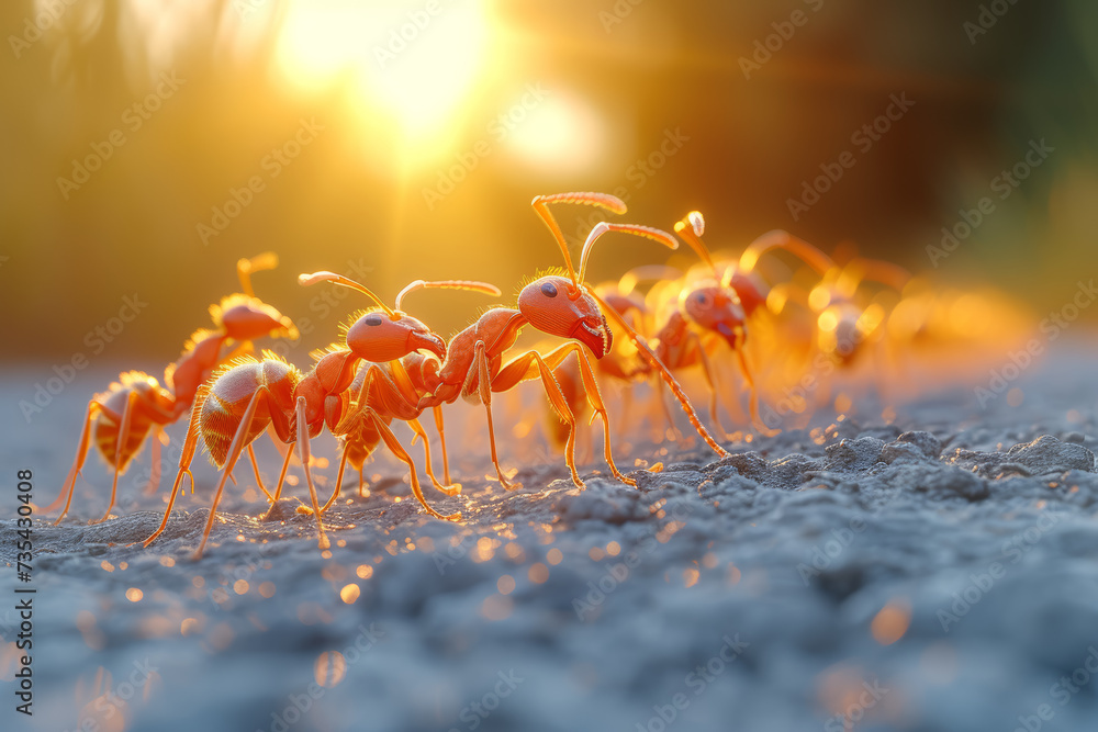 A group of ants working together to transport food to their nest ...