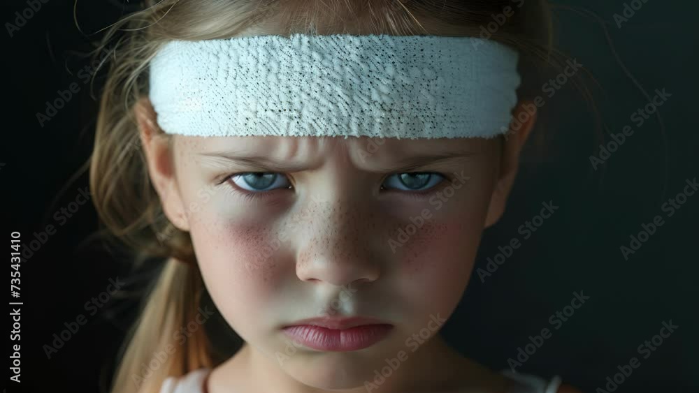A young girl with a bandage on her forehead her face contorted with ...
