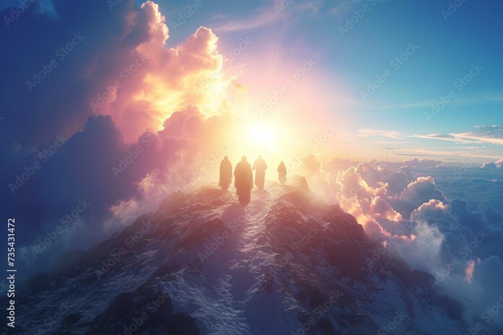 Imagination of The disciples witnessing the ascension of Jesus, left in ...