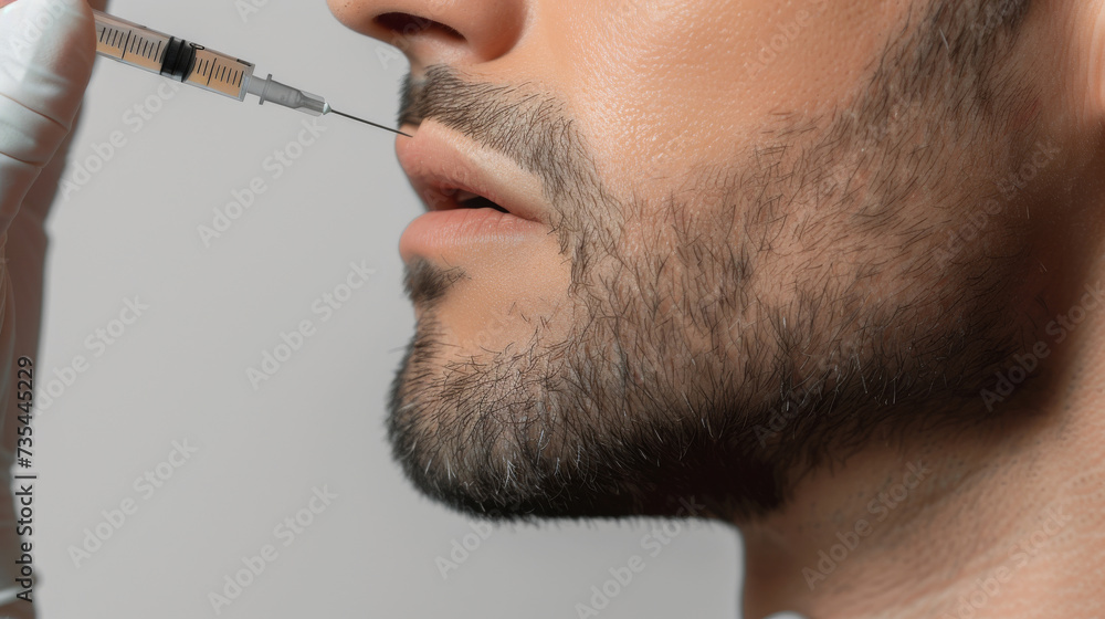 The rugged masculinity of a bearded man's face is captured in this ...