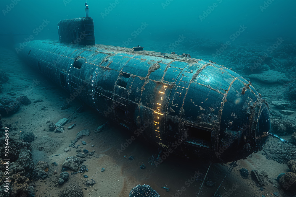 A cargo submarine submerging beneath the ocean's surface, exploring ...