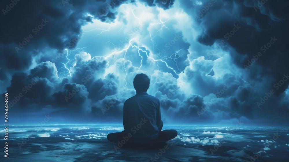 Amidst the raging storm, a lone figure gazes in awe at the powerful ...