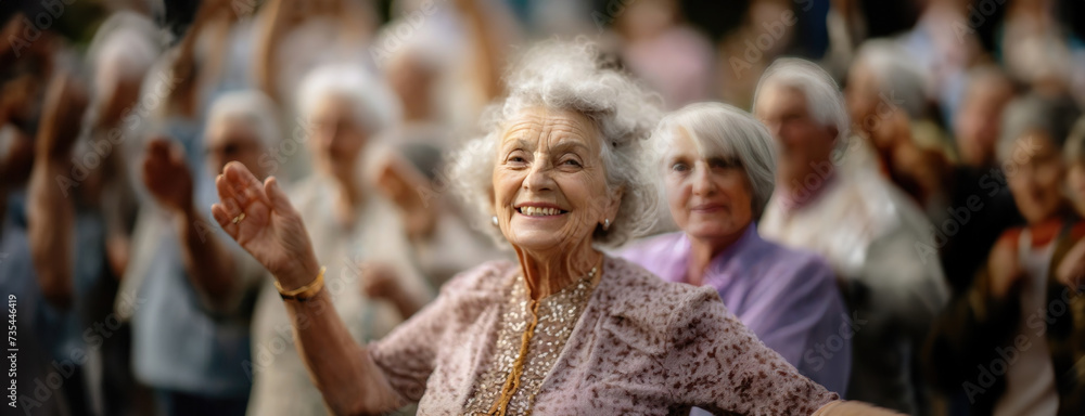 Elderly woman happily dancing with a group of seniors. A joyful mature ...