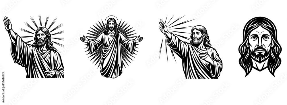 Jesus Christ reaching out his hand. Vector set linocut art illustration ...