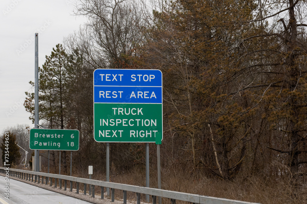 "Text Stop Rest Area" sign on Interstate 684. The designated texting ...